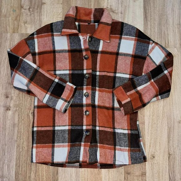 Tops | New Plaid Shacket Shein Orange Tan Brown Sz Small But Can Fit ...